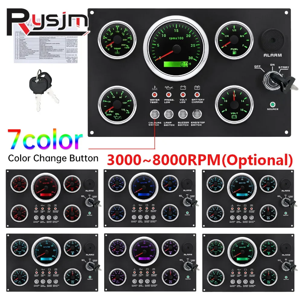 7-Color-LED-Gauge-Set-with-Instrument-Switch-Panel-52mm-Water-Temp-Fuel ...