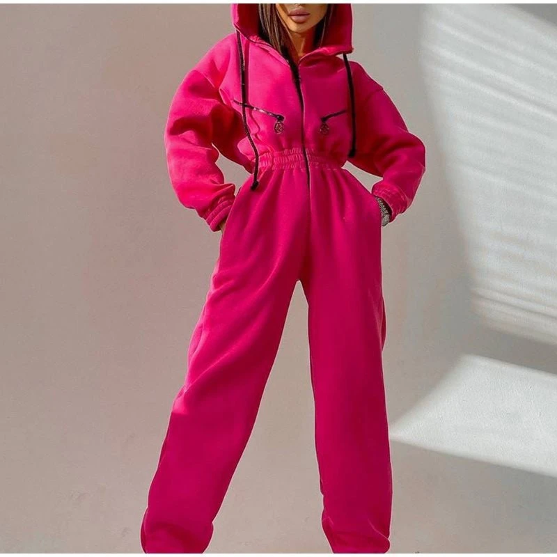 Long Sleeve Sports Casual Women's Hooded Overall Pants Jumpsuits Solid ...