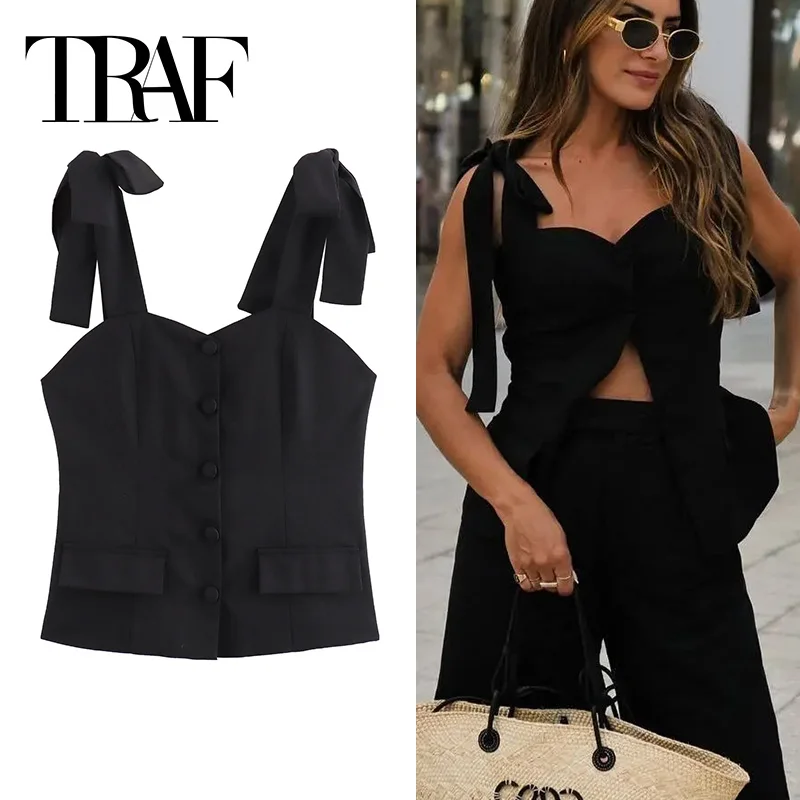 TRAF-Top-de-cors-negro-para-mujer-Top-sin-mangas-con-lazo-y-tirantes ...