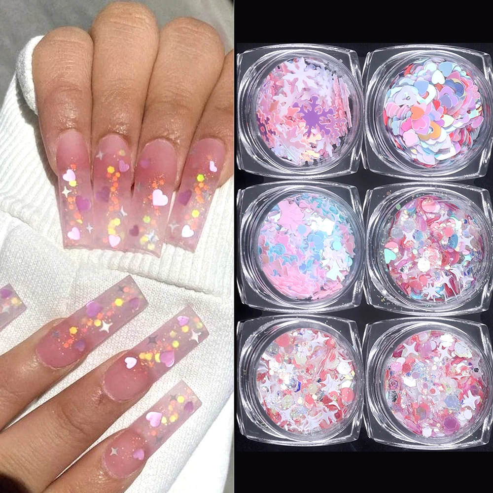 6/12 Boxes Pink Glitter Sequin Mix Star Heart Shape Nail Sequins for ...