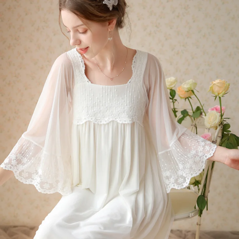 Sweet-Mesh-Night-Dress-Women-Fairy-White-Long-Sleeve-Embroidery-Lace ...