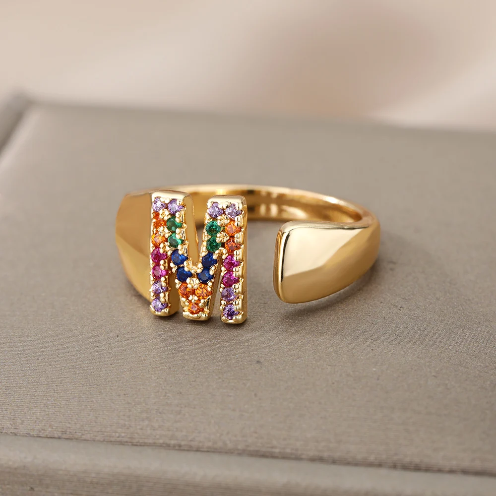 Rainbow Zircon Letter Rings For Women Fashion Chunky Wide Letter A-Z ...