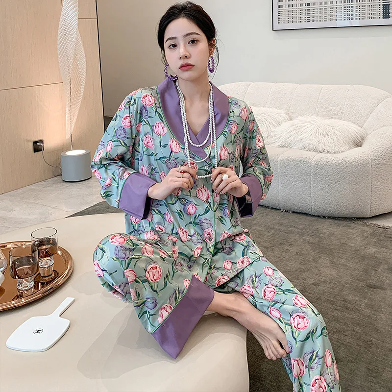 Luxury Floral Print Women's Pajamas Set Ice Silk Pyjamas Two Pieces ...
