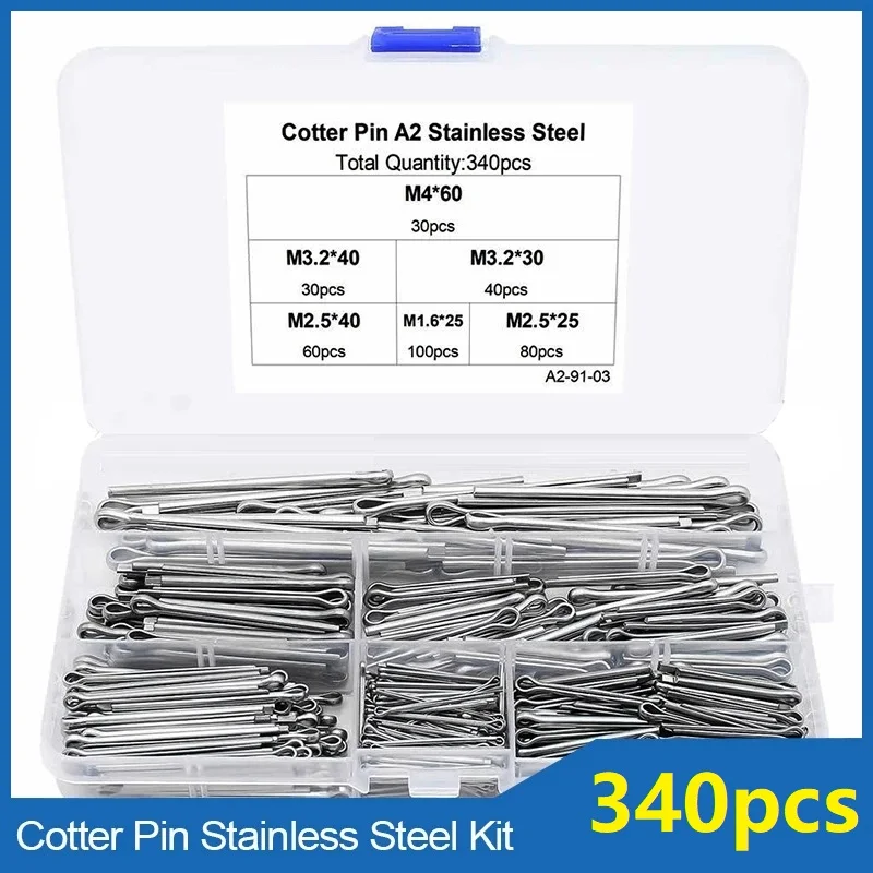 340PCS Stainless Steel Split Pin Assortment Kit M1.6M2.5M3.2M4 Tractor ...