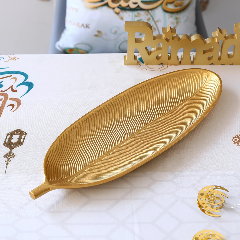 Ramadan Trays Eid Mubarak Metal Leaf Shape Oval Serving Platters Fruit ...