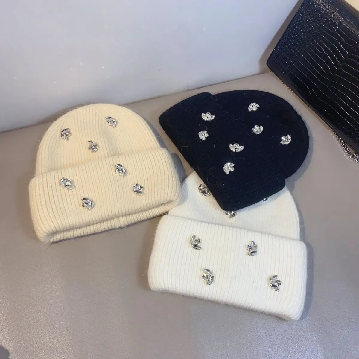 Designer-Rhinestones-Knitted-Hat-Winter-Women-Warm-Beanie-Real-Rabbit ...
