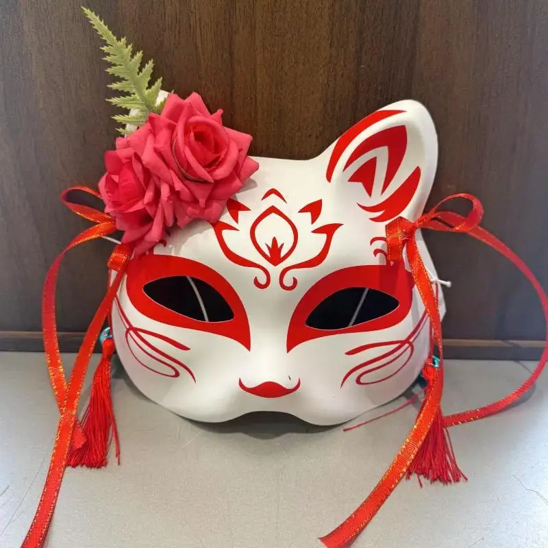 Anime Demon Fox Mask Hand-painted Japanese Mask Half Face Flower Mask ...