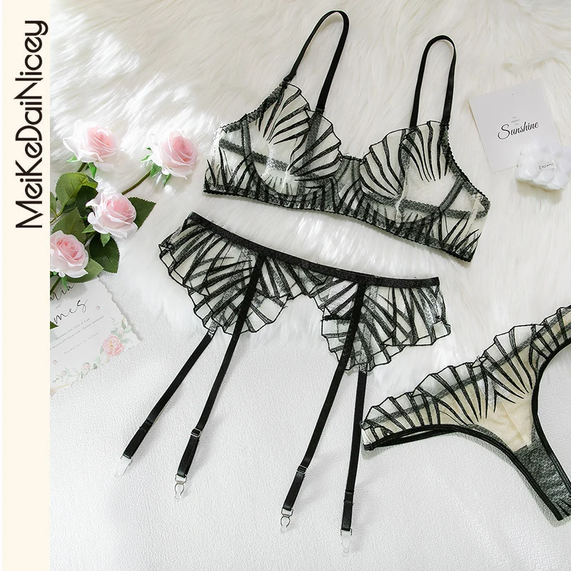 Meikedai-ausgefallene-Dessous-f-r-Frauen-transparente-Spitze-Stickerei-Strumpfband-3-teilige ...