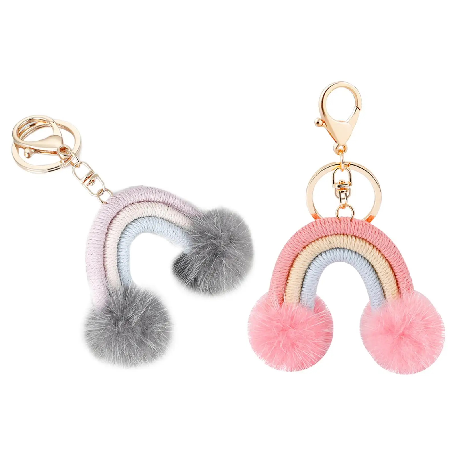 Weaving Rainbow Keychain with Plush Ball Bohemian Key Chain Car Hanging ...