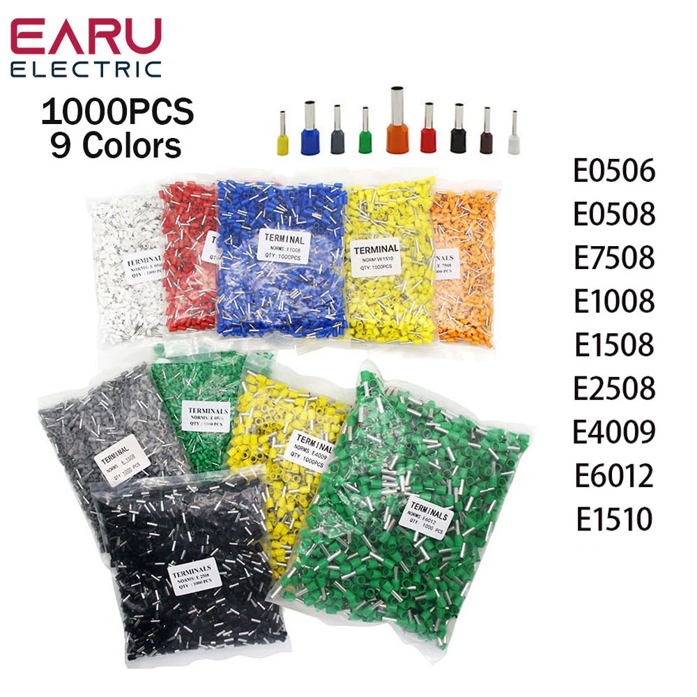 1000Pcs/Pack E0508 E7508 E1008 E1508 E2508 Insulated Ferrules Terminal ...