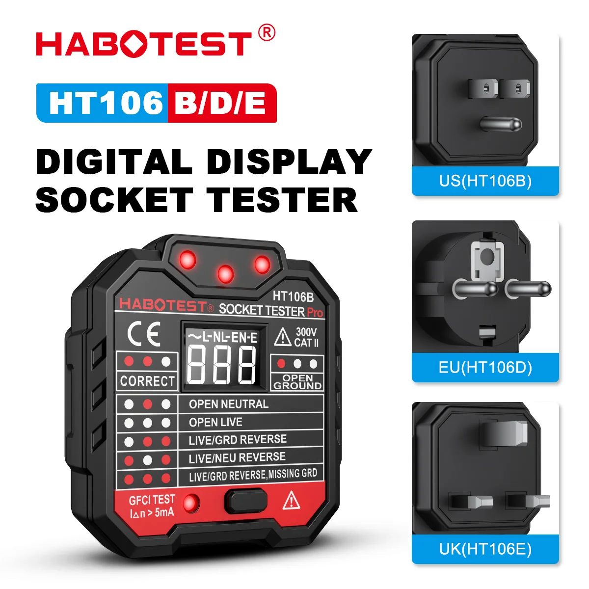 HABOTEST-HT106-Socket-Tester-Voltage-Test-Socket-Detector-US-UK-EU-Plug ...