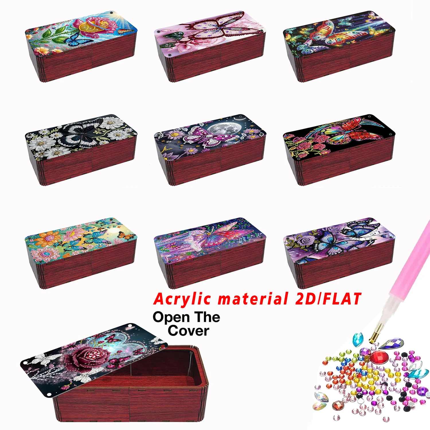 A set of diamond-painted red rectangular desktop storage boxes ...