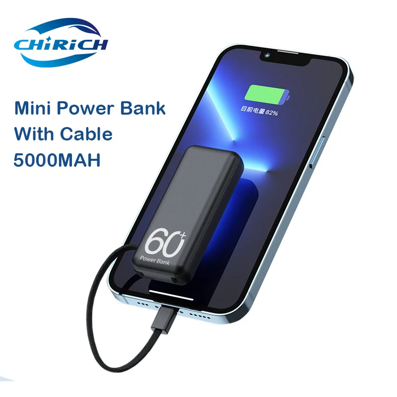 Mini Power Bank 5000mAh Built-in Type-C Lightning Cable Powerbank Fast ...
