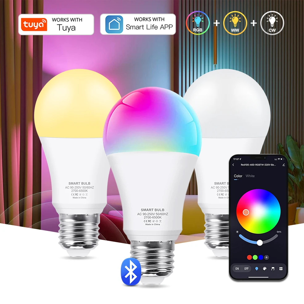 Bluetooth 4.0 Smart LED Bulb Tuya Light Bulbs AC85-265V Dimmable Spotlight Bulb 15W E27 RGB+CW ...