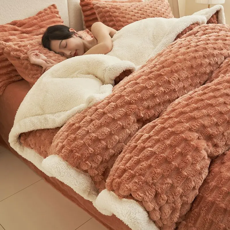 Double-sided-Padded-Rabbit-Plush-Bed-Four-piece-Set-Winter-Rabbit ...