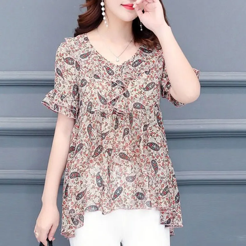 2023 New Vintage Paisley Printed Midi Blouse Summer Fashion Ruffles ...