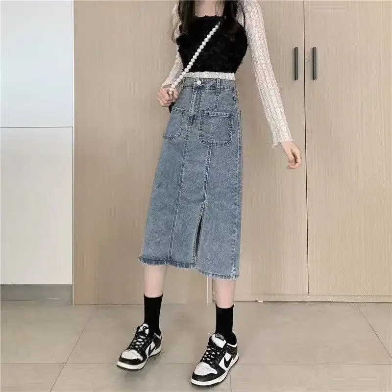 Autumn-winter-Artistic-Loose-fit-High-waisted-Denim-Skirt-Women-s ...