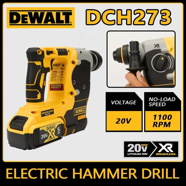 DeWalt 전기 해머 전기 픽 임팩트 드릴, 편리한 브러시리스 모터, 리튬 배터리 펀칭 전동 공구, Dch273, 20V
