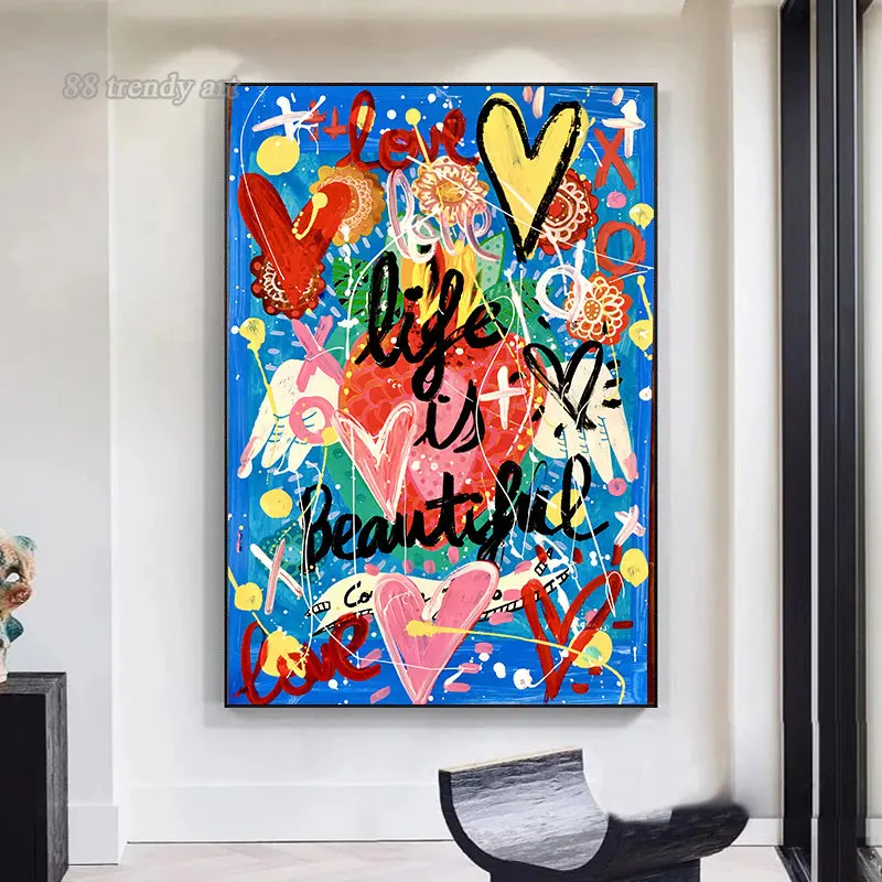 컬러풀 러브 하트 캔버스 페인팅 인생은 아름다운 그래피티 아트 포스터 프린트 추상 팝 아트 벽 그림 홈 룸 장식