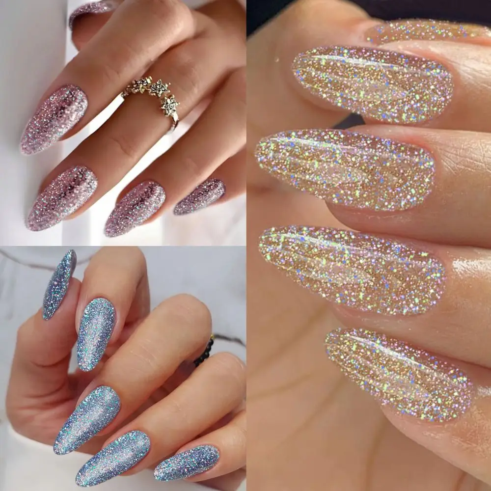 24pcs Long Almond False Nails Glitter Powder Design Fake Nail Press on ...