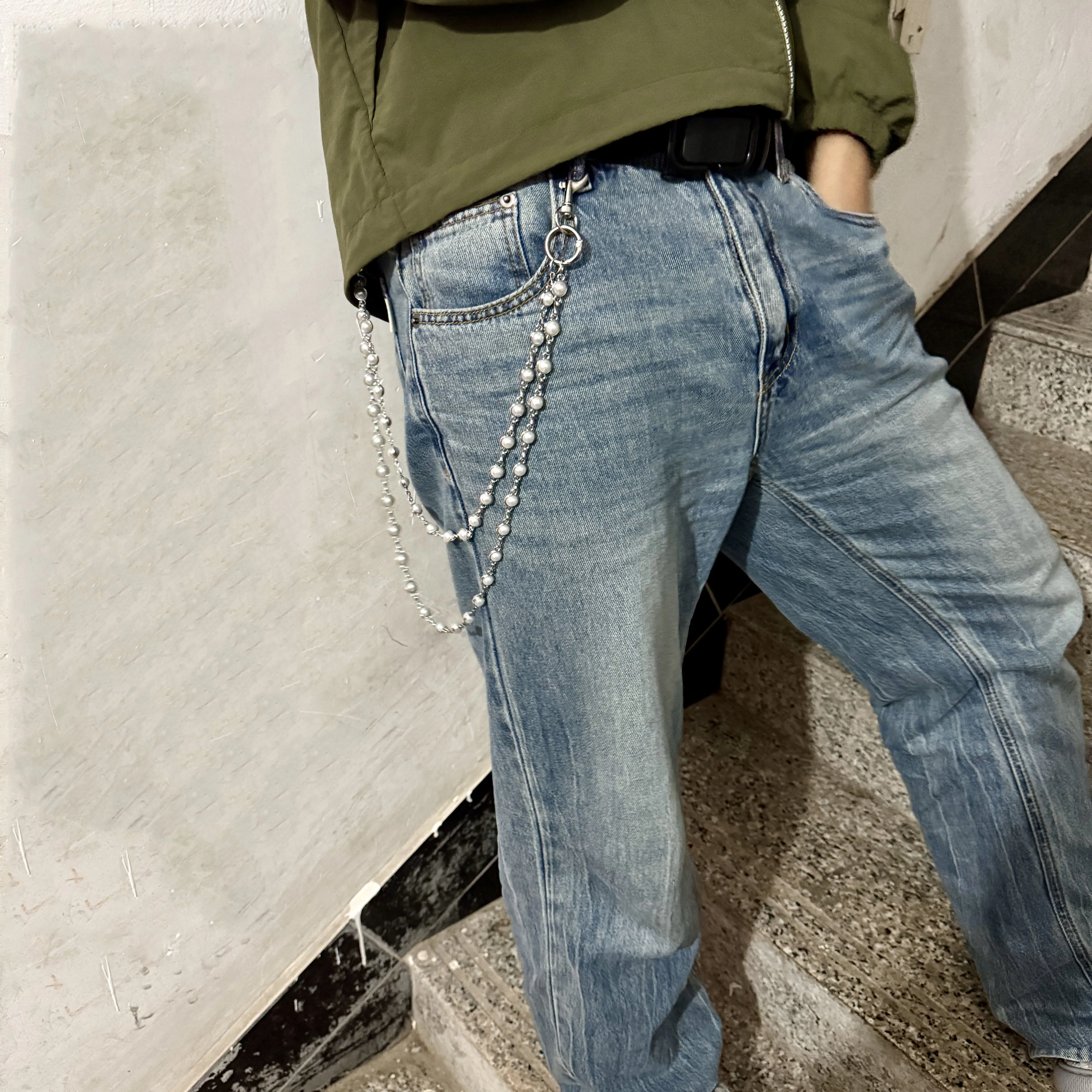 Double sided pearl pants chain punk style detachable double-layer pants ...