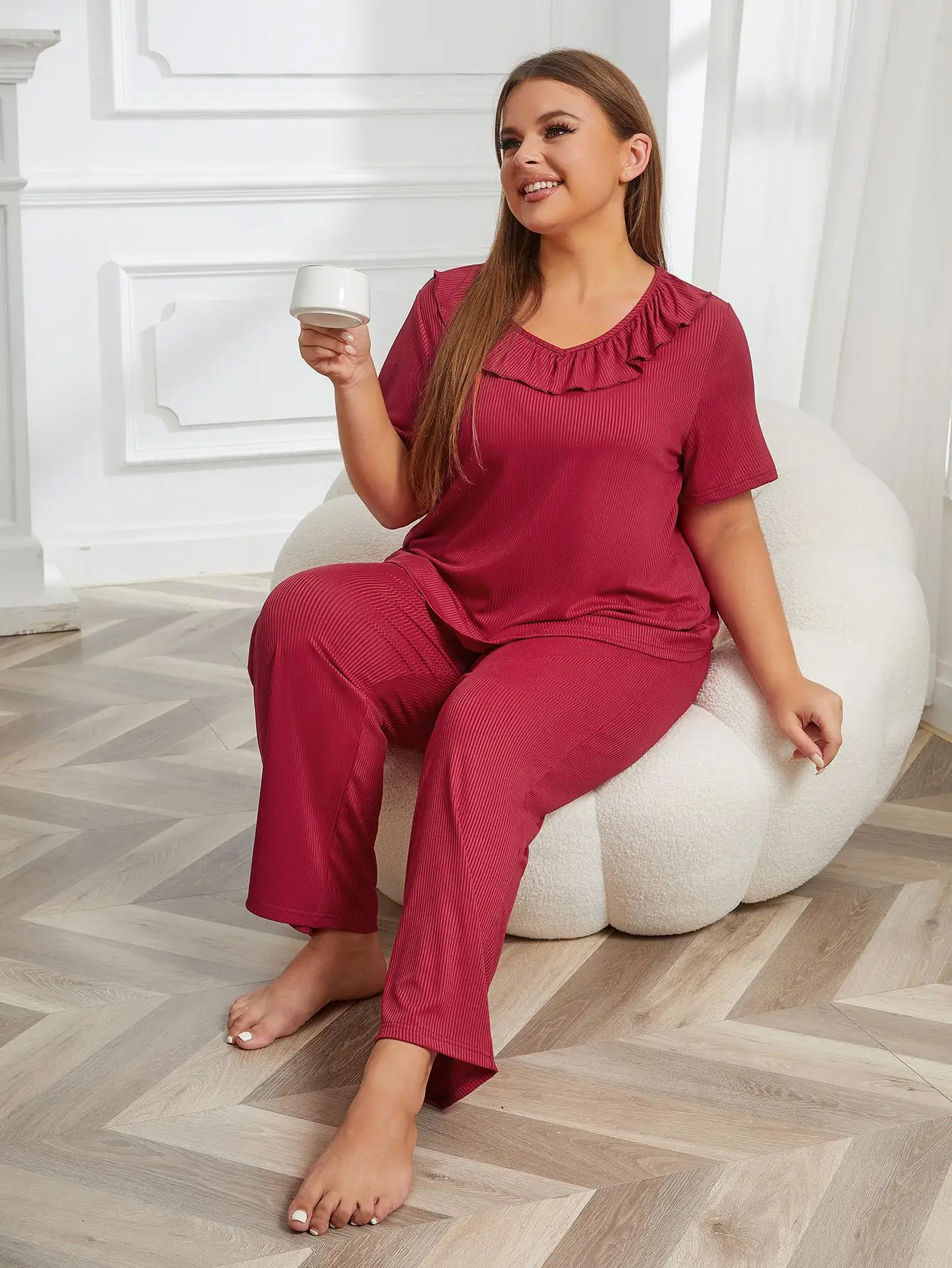Plus-Size-Women-Pajama-Set-Solid-Short-Sleeve-Ruffle-Neckline-Top-Full ...