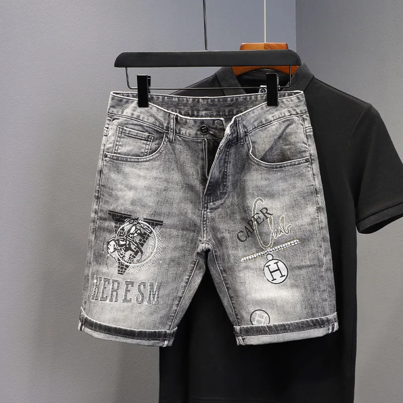 Cinza-Masculino-Denim-Shorts-Gr-fico-Selvedge-com-Texto-Baggy-Short ...