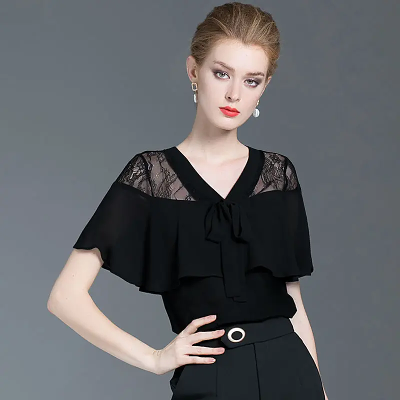 Elegant-V-Neck-Butterfly-Sleeve-Lace-Spliced-Chiffon-Blouse-Loose-Short ...