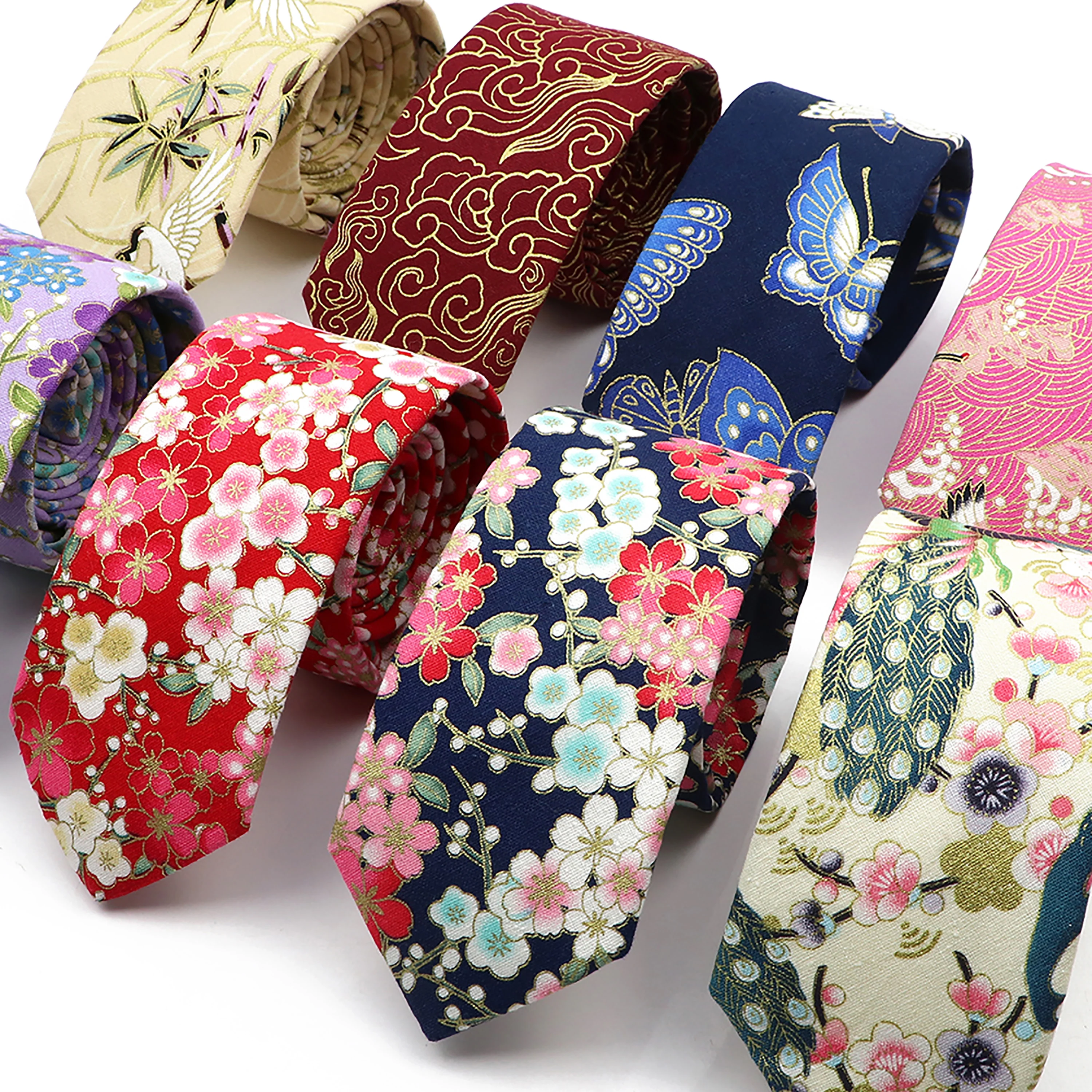 New Japanese Style Men Ties Beige Red Purple Crane Cloud Flower Pattern ...