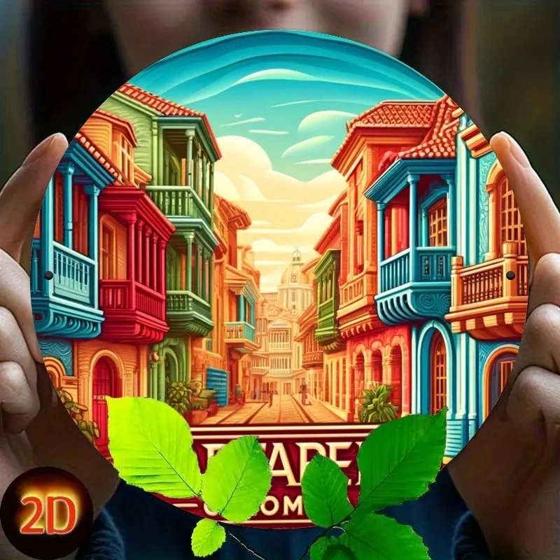 2D 1pc, "Street Signs in Cartagena, Colombia" Round Iron Sign, Modern ...