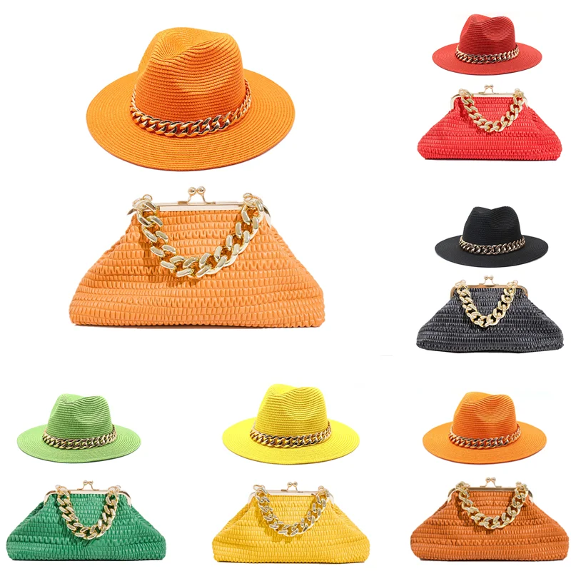 hat bag sets women fedoraStraw Hat and Bag Set Gold Chain Bag Hat Set ...