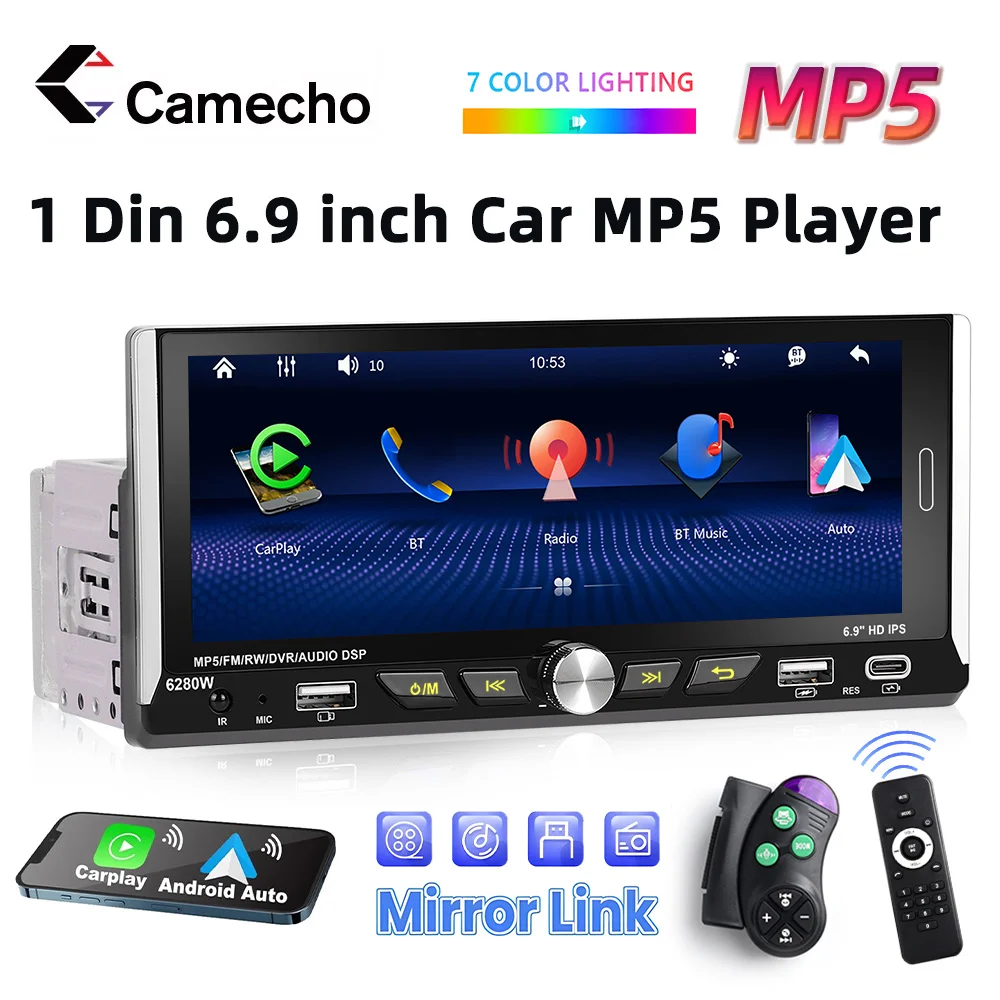 Camecho-1-Din-Car-Stereo-MP5-Player-Car-Radio-6-9-Inch-Multimedia ...