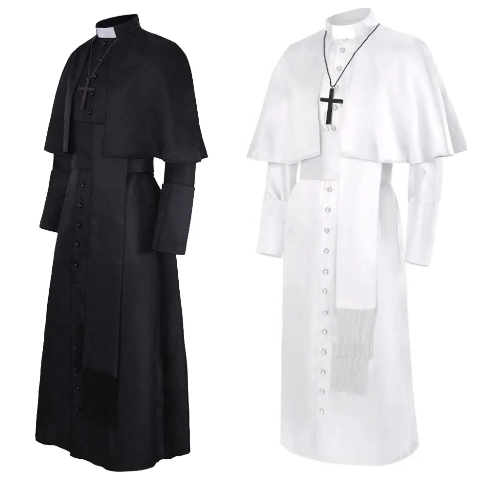Medieval-Pastor-Renaissance-Cosplay-White-Robe-Black-Neclace-Priest ...