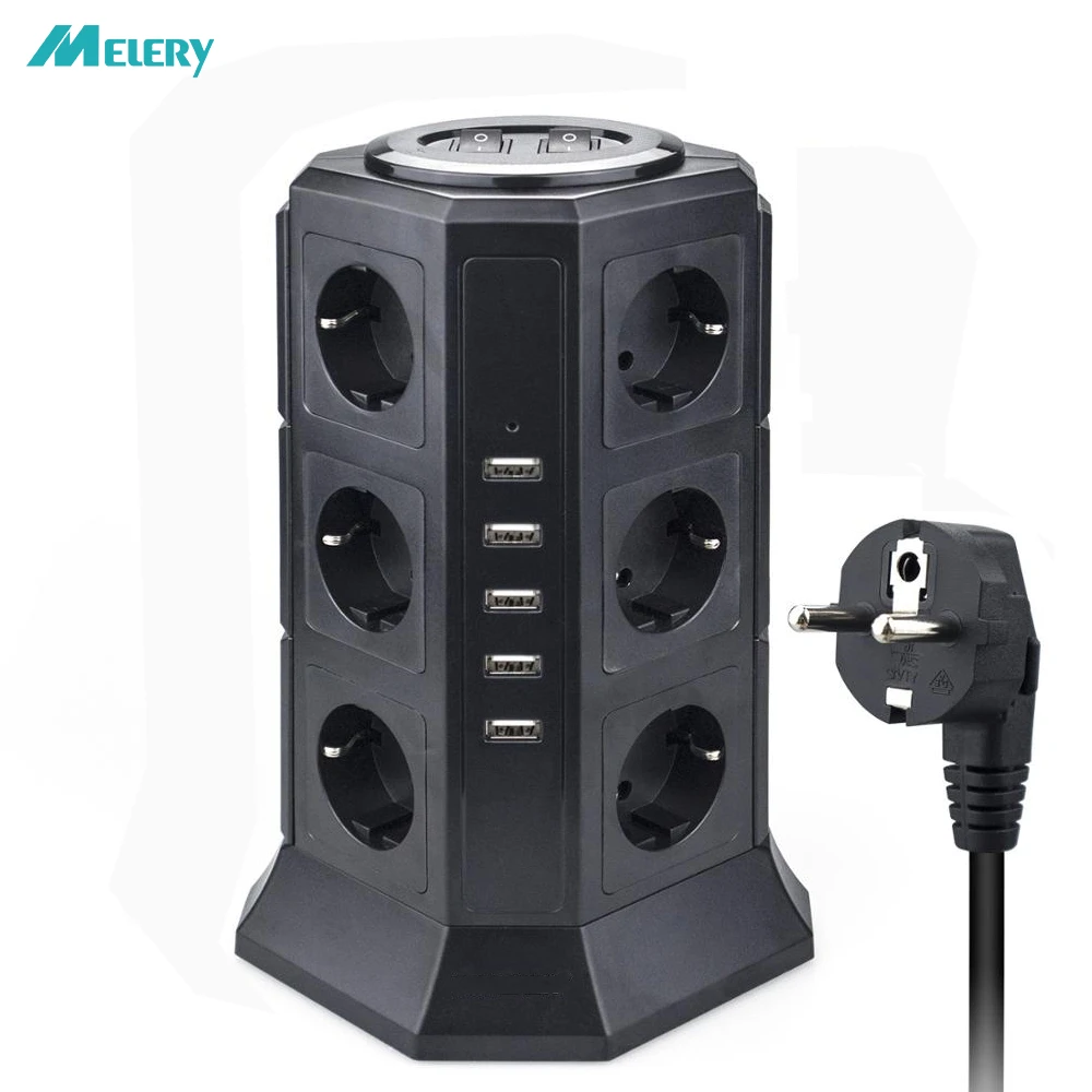 Tower Multiple Power Strip Vertical Eu Plug 12 Way Outlets Sockets With ...