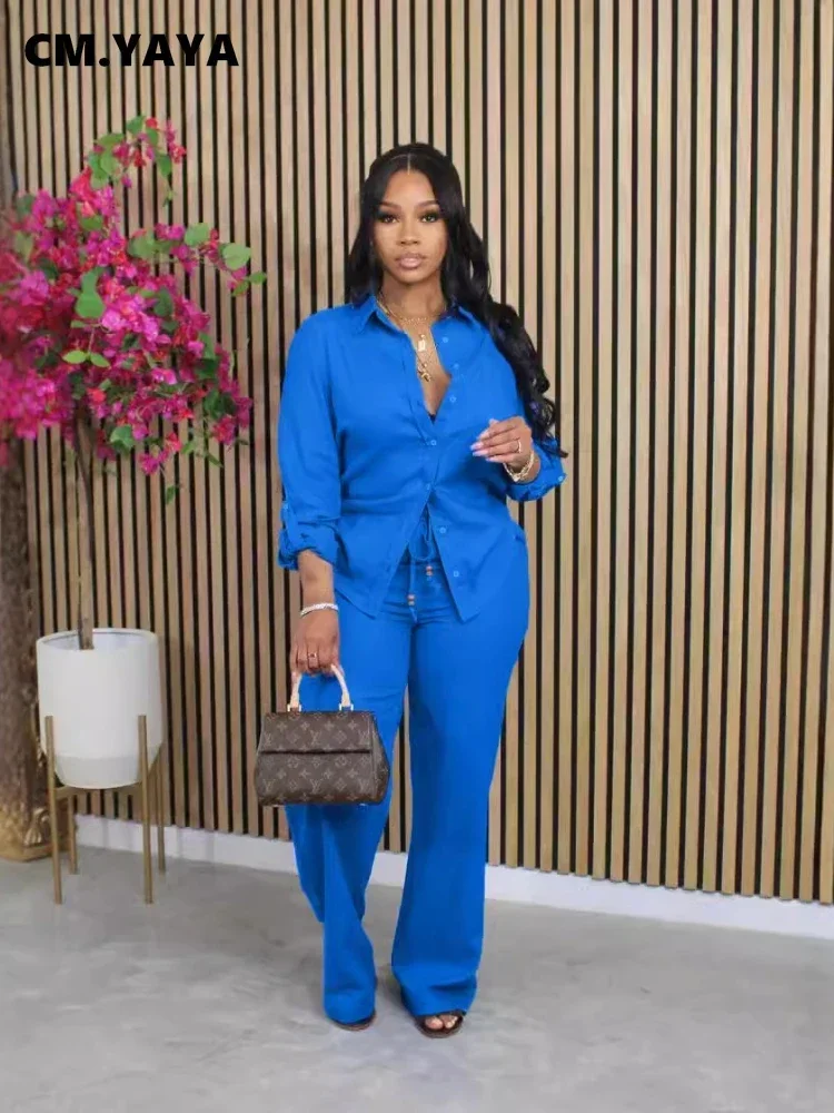 CM.YAYA Fashion Women's Set Long Sleeve Shirt +Straight Pants 2024 ...