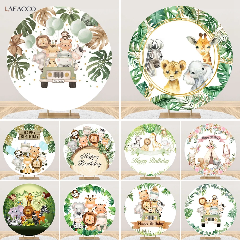 Laeacco-Jungle-Safari-Round-Photography-Backdrop-Cartoon-Animals-Kids ...