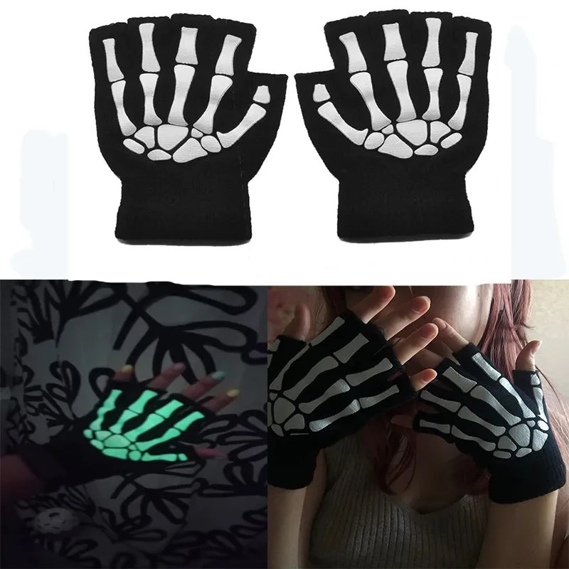New-Punk-Gloves-Unisex-Halloween-Skeleton-Skull-Half-Finger-Gloves-Glow ...