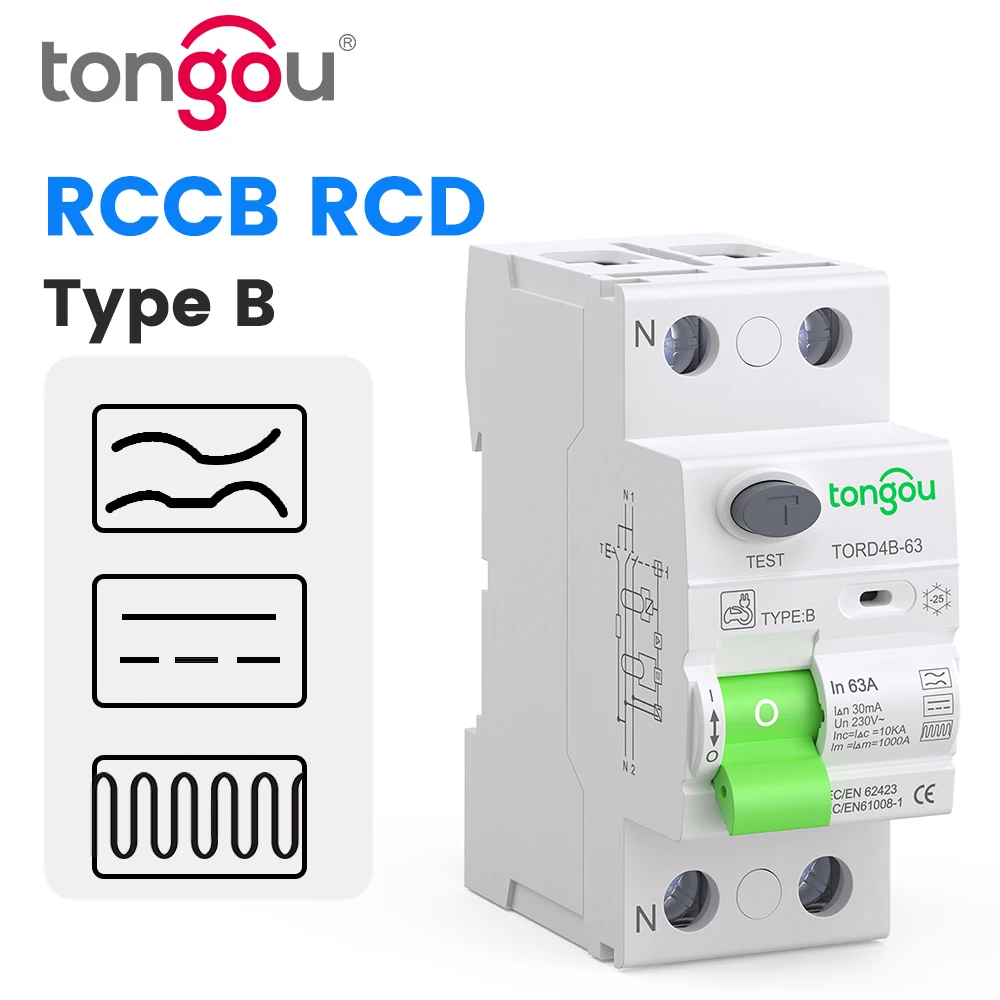 TONGOU Din Rail Earth Leakage Current breaker DC RCCB RCD 2P 63A 30mA ...