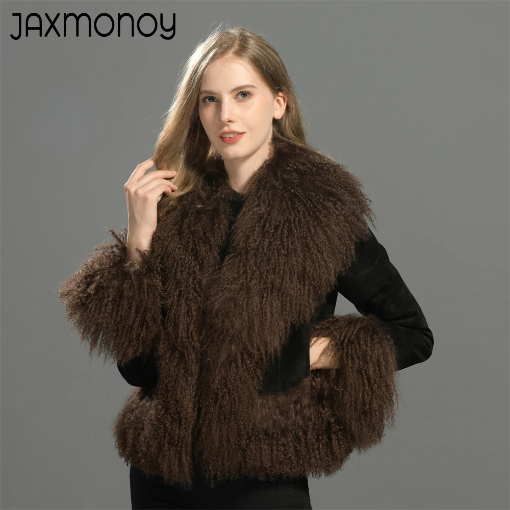 Jaxmonoy Real Leather Coat for Women Genuine Mongolian Sheep Fur Trim ...