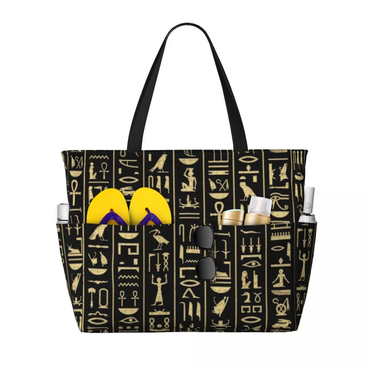 Custom Black Gold Hieroglyphs Beach Tote Bag for Women Ancient Egypt ...