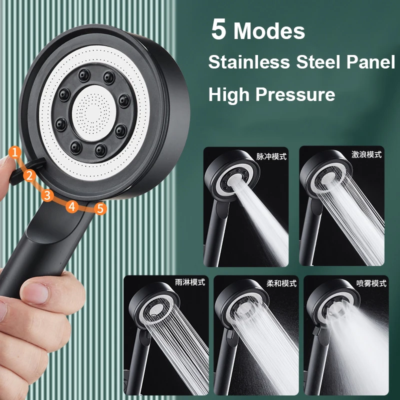 Black-Silver-Shower-Head-High-Pressure-5-Modes-Water-Saving-Nozzle ...