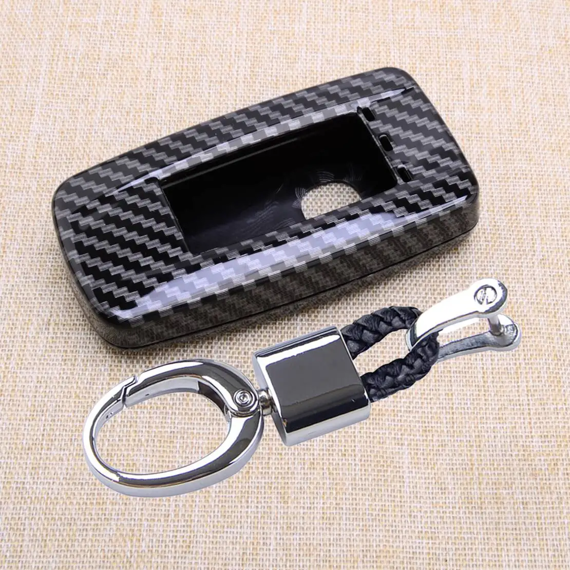 5 Buttons Car Remote Key Fob Cover Case & Braided Keychain Black Carbon ...