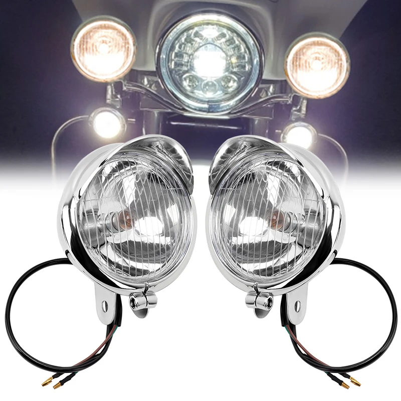 2PCS Chrome Universal Motorcycle Fog Lights Front Headlight Lamp DC12V ...
