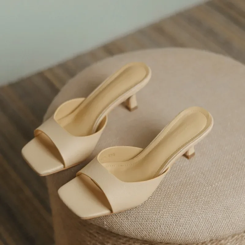 Genuine-Leather-French-Slim-Heel-Slippers-for-Women-s-Summer-New ...