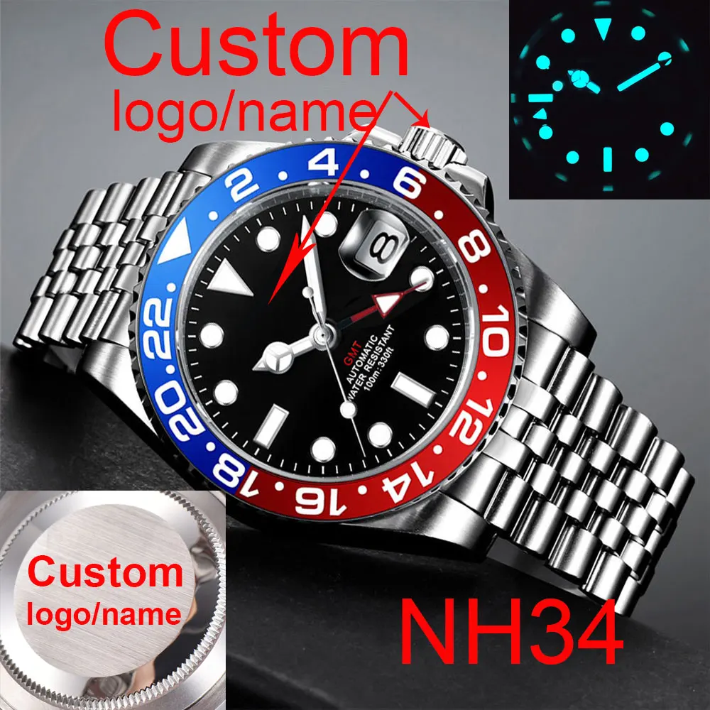 남성용 맞춤형 기계식 손목시계, 쥬빌리 스테인리스 NH34 GMT 시계, 최고 브랜드 사파이어 유리 시계, 신제품 ...