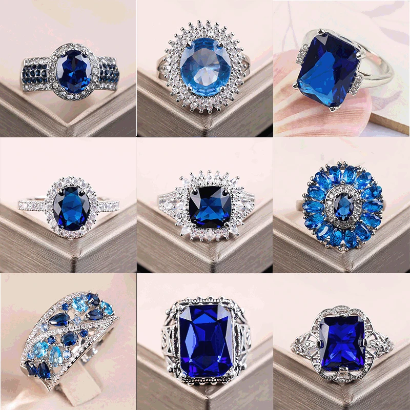 Fashion Blue Cubic Zirconia Women's Ring Temperament Elegant Ladies ...