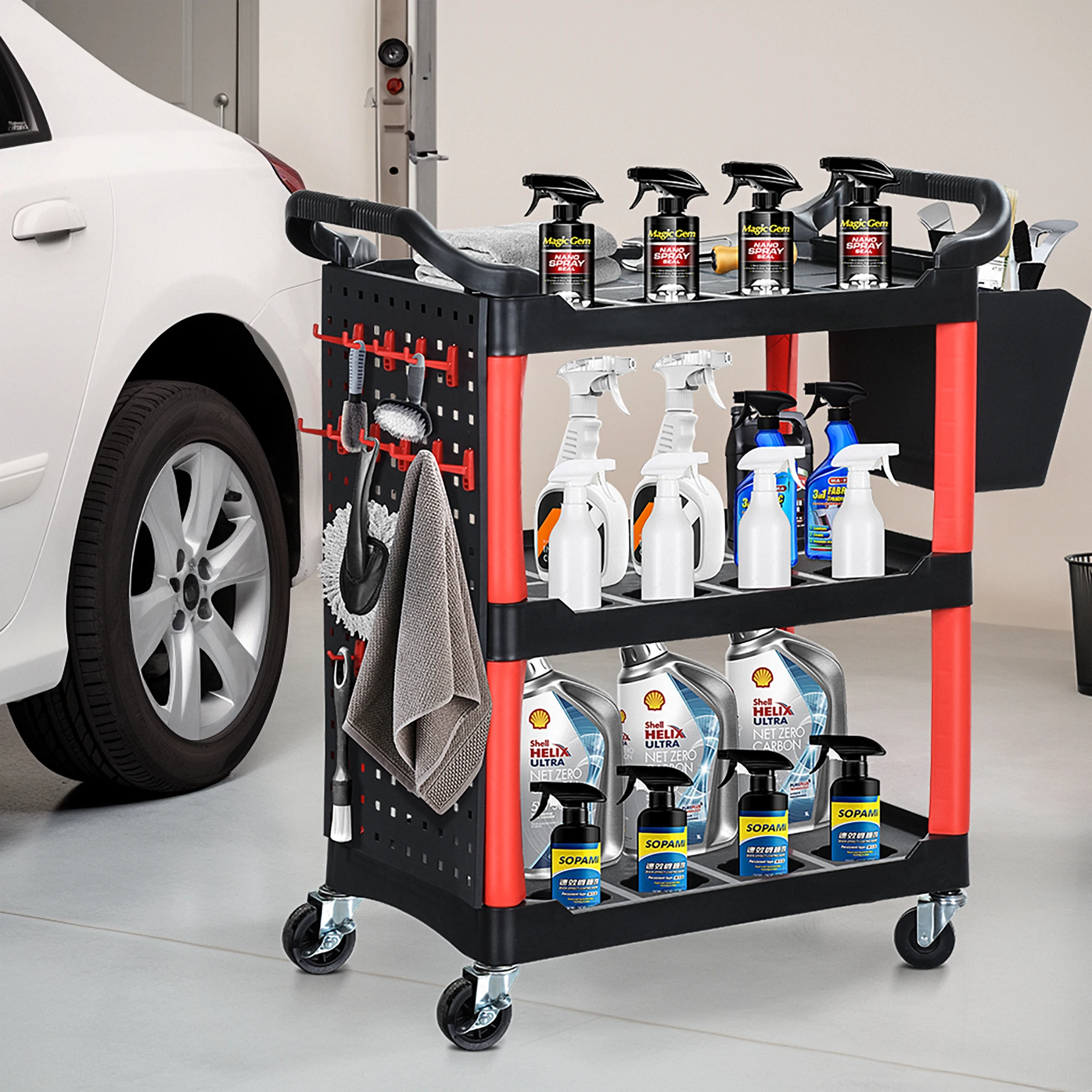 Auto-Detailing-Cart-Car-Wash-Tool-Organizer-Utility-Trolley-With-Hooks ...