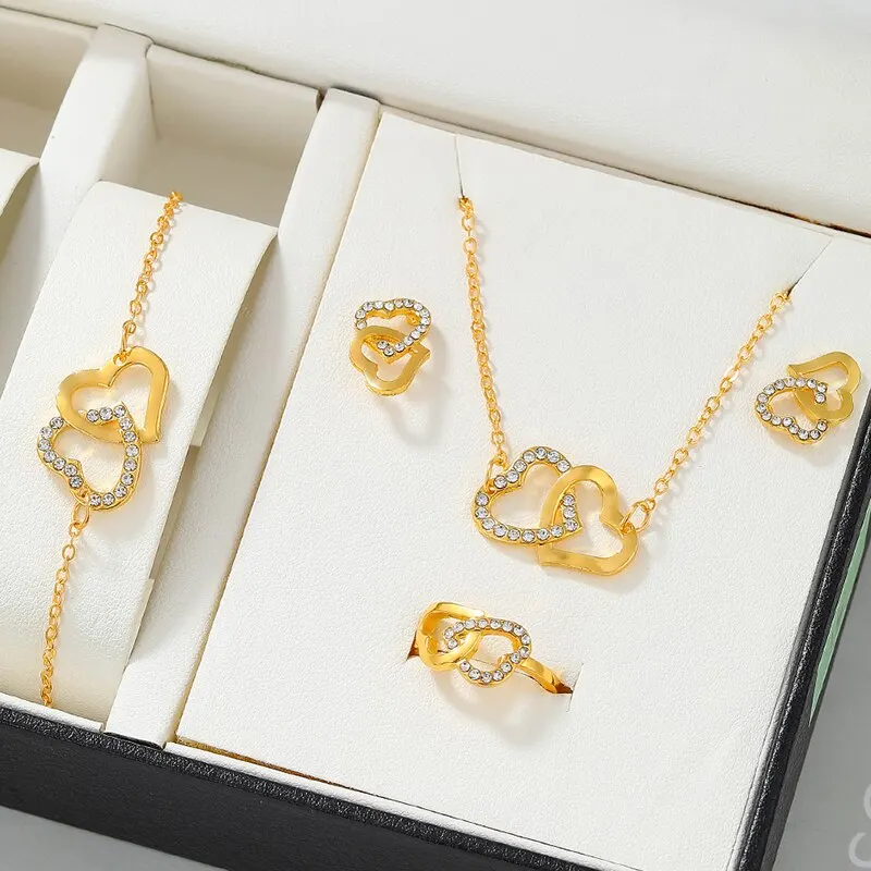 1 Set Gold Heart Shaped Jewelry Sets Of Ring Earrings And Necklace For ...