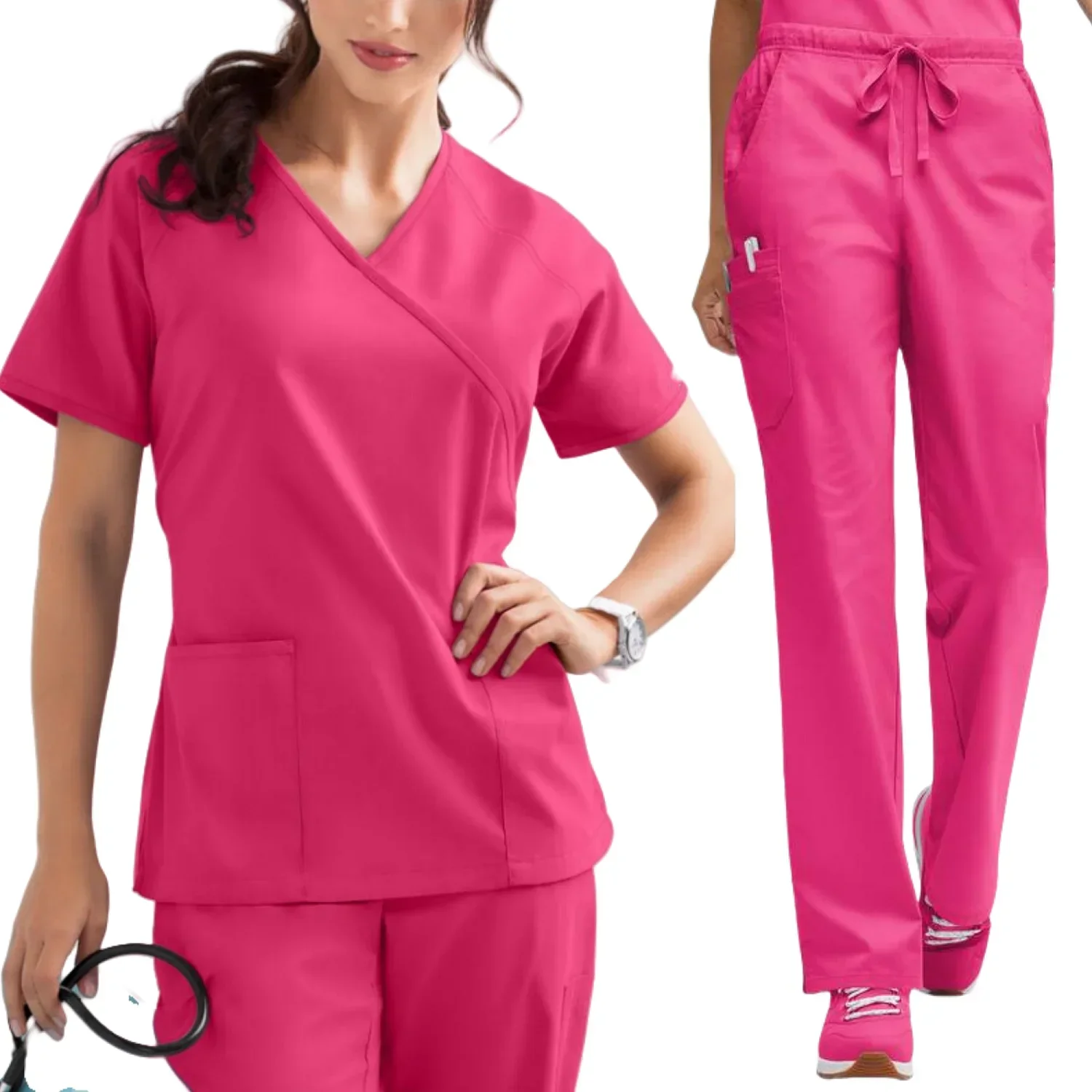 New-Scrubs-Set-Medical-Uniforms-Stretch-Scrub-Tops-With-Pocket-Pants ...