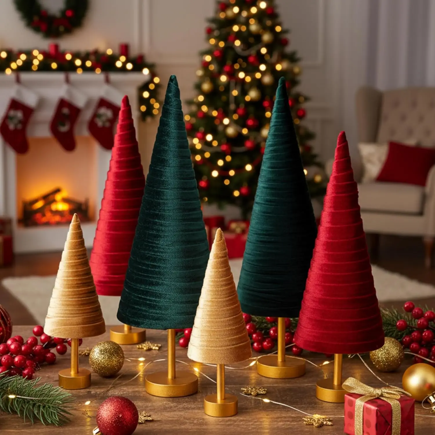 6 Pcs Christmas Velvet Trees with Gold Pedestal - Modern Rustic Winter ...